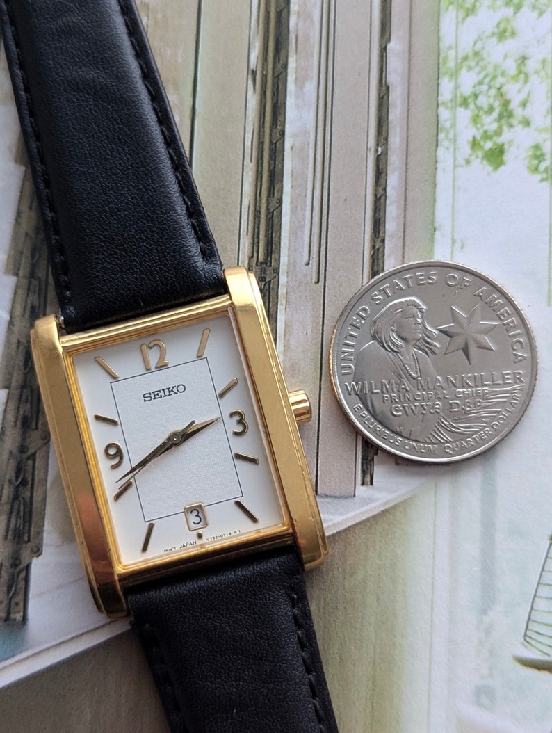 Vintage SEIKO Tank Quartz Watch With Black Leather Band and New Battery. Best Fits 8 Wrist or ...