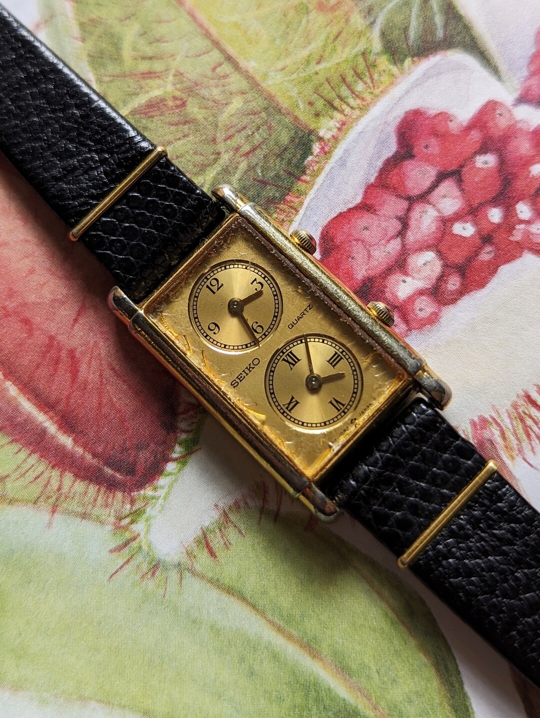 Vintage SEIKO Dual Time Gold Dial Quartz Watch With Original Black and ...