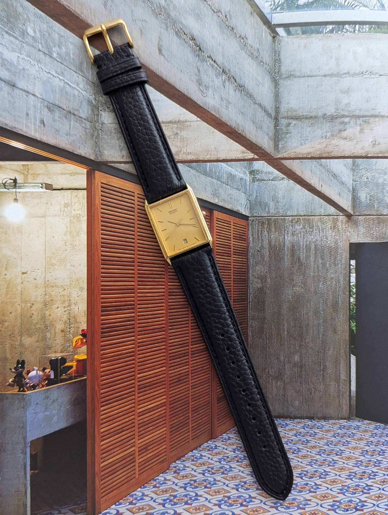 Vintage SEIKO Gold Tone Tank Quartz Watch With New Black Leather Band ...