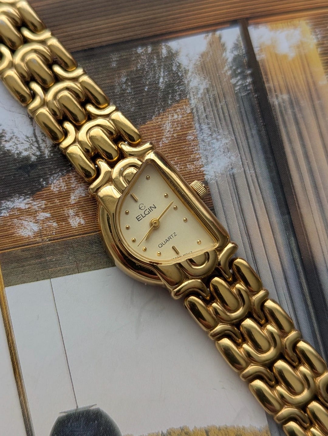 Vintage ELGIN Gold Tone Quartz Watch With a Half Moon Shaped Gold Face ...