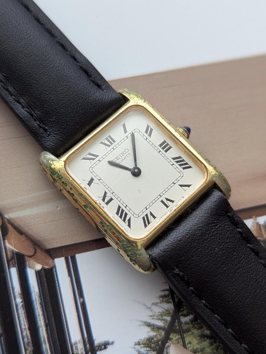 Vintage SEIKO Gold Tone Tank Quartz Watch With New Black Leather Band ...