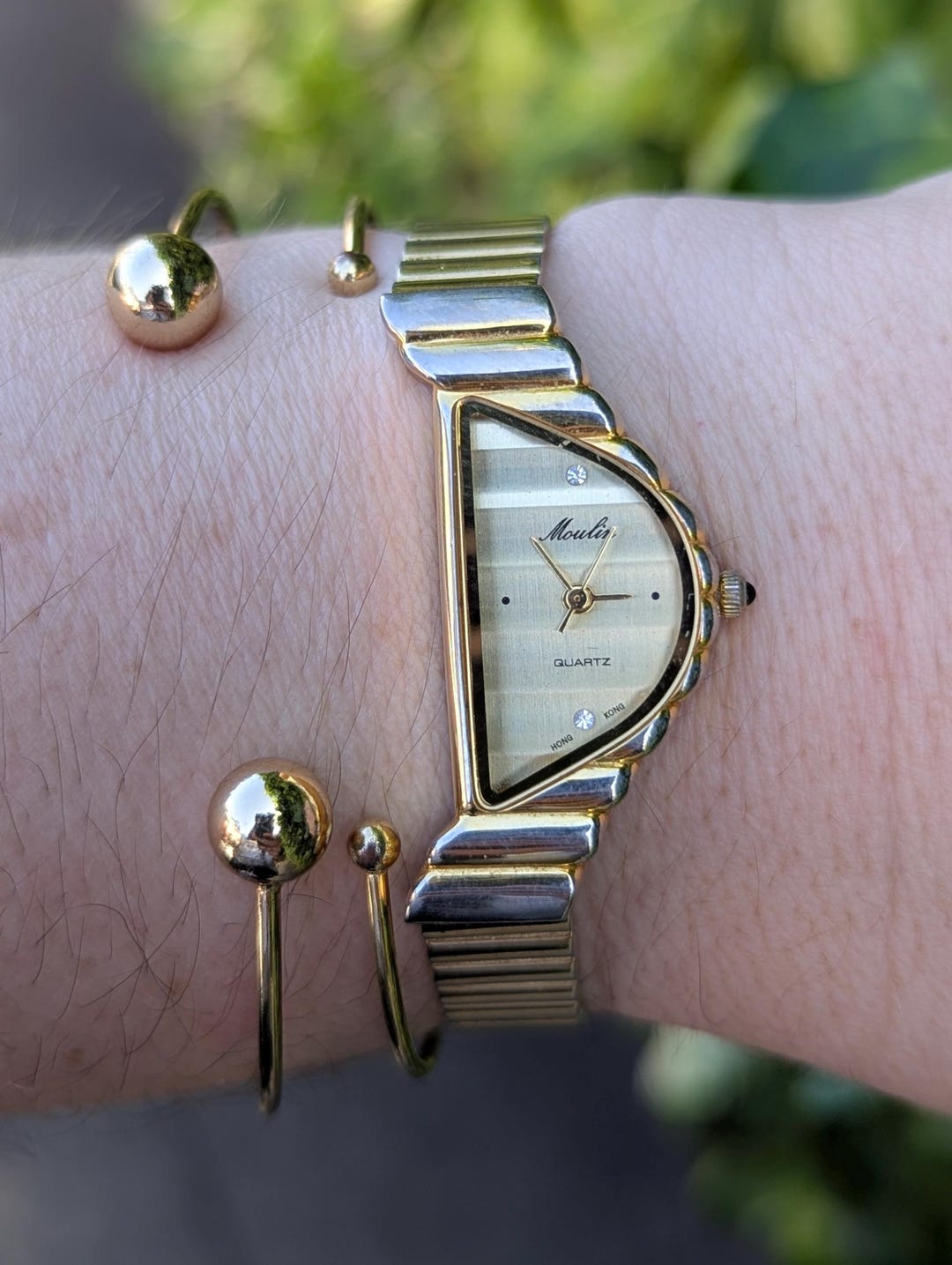 BROKEN Vintage MOULIN Gold Tone Half Moon Quartz Watch. Best Fits 7.5 ...