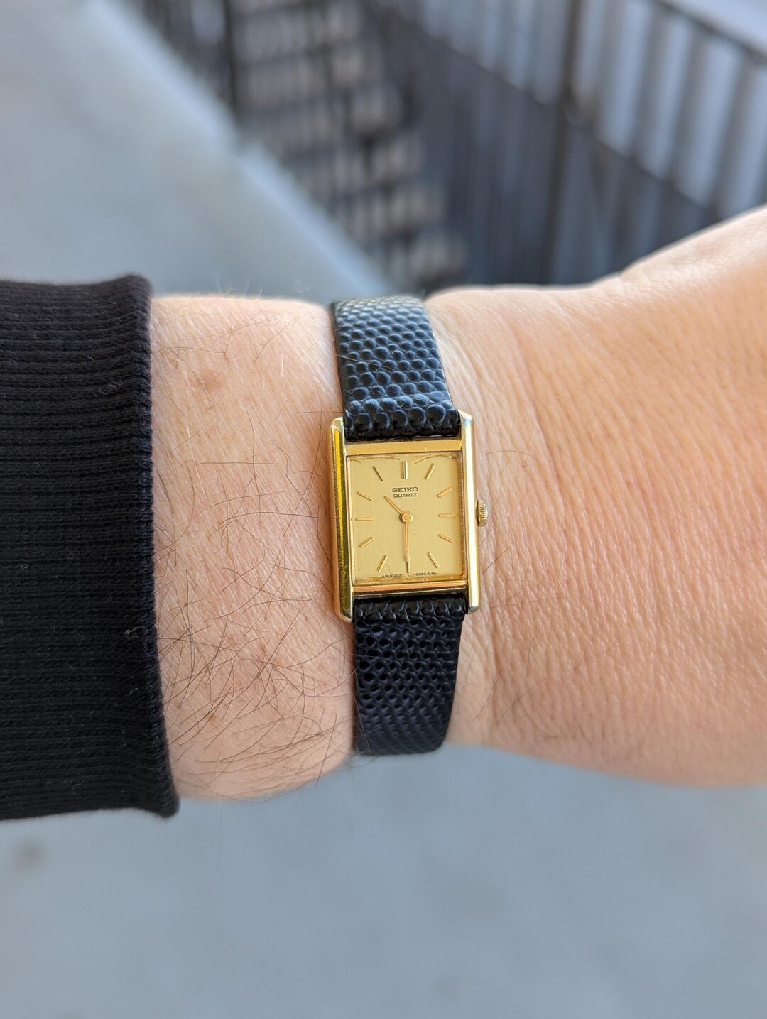 Vintage SEIKO Gold Tone Tank Quartz Watch With Gold Face, New Black Leather Band and New Battery ...
