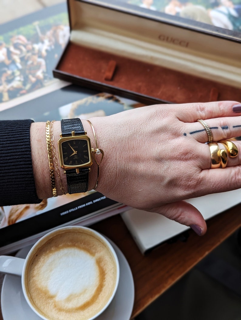 Vintage Gucci Square Gold Face Gold Dial, Black Face, Black Genuine ...