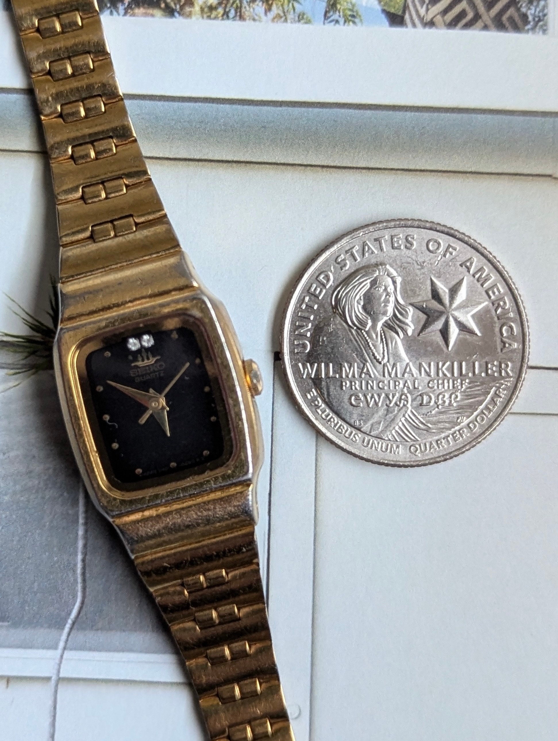 Vintage SEIKO Small Tank Quartz Watch With Original Band Diamond Detail ...