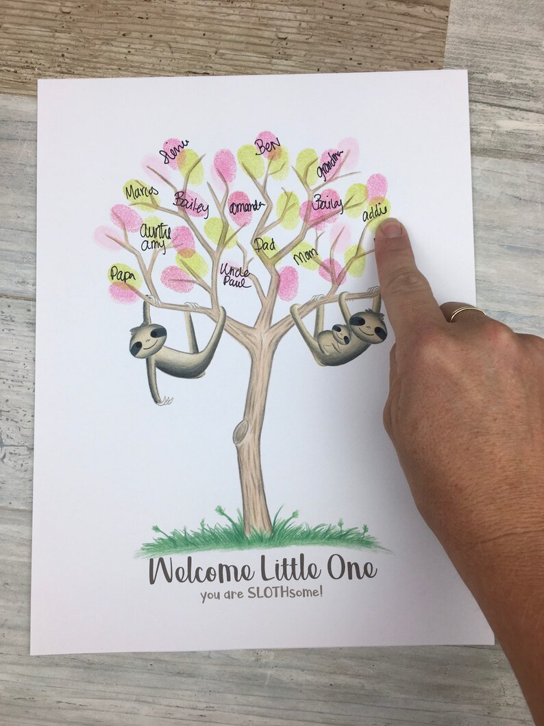 Gender neutral sloth baby shower fingerprint tree sloth puns | Etsy
