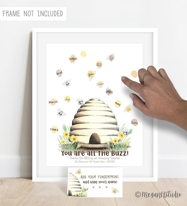 Honey Bee Fingerprint Teacher Appreciation Gift, Custom Classroom Decor ...