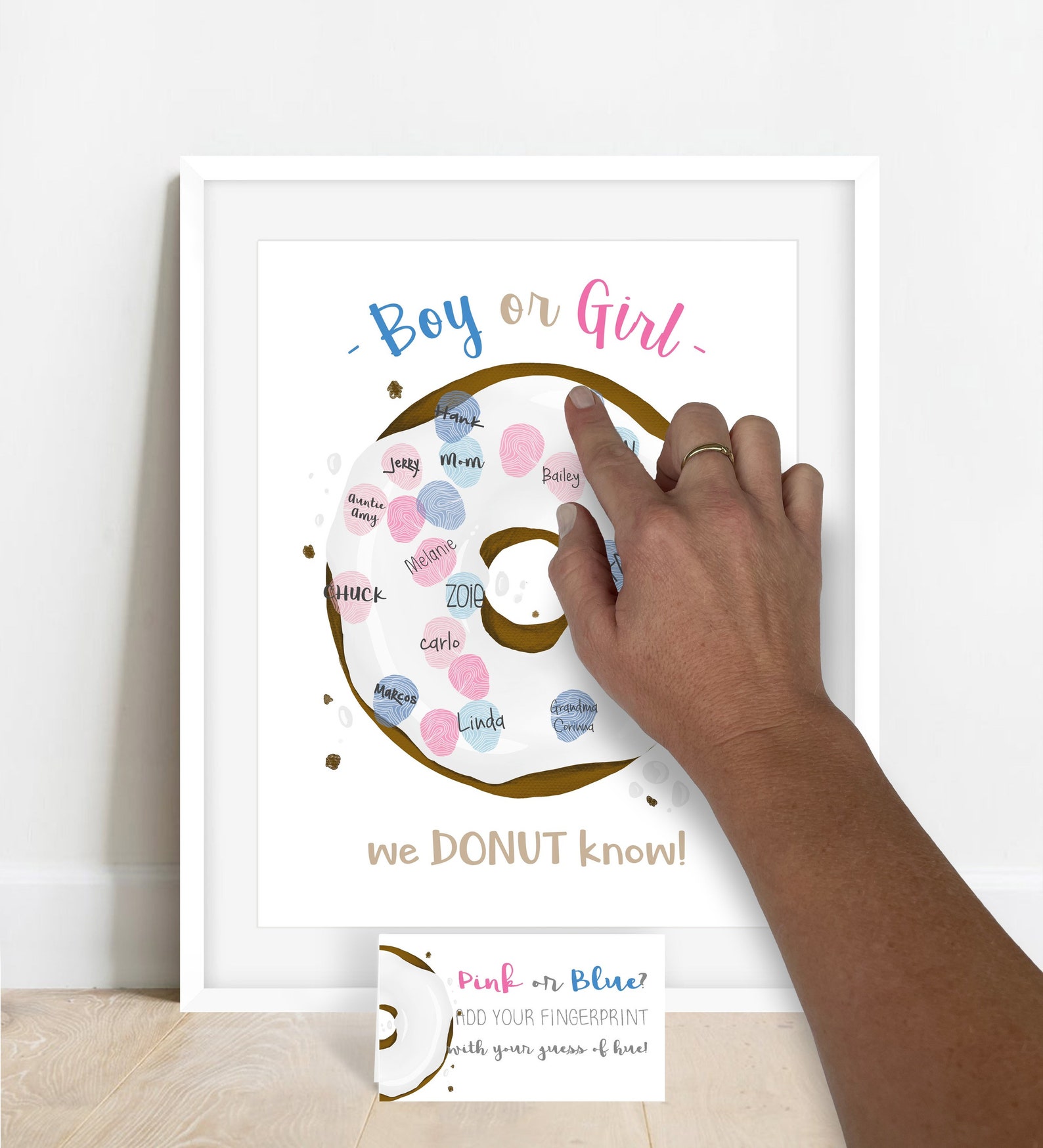 Donut Gender Reveal Party, Thumbprint Donut Poster, Pink or Blue, He or ...