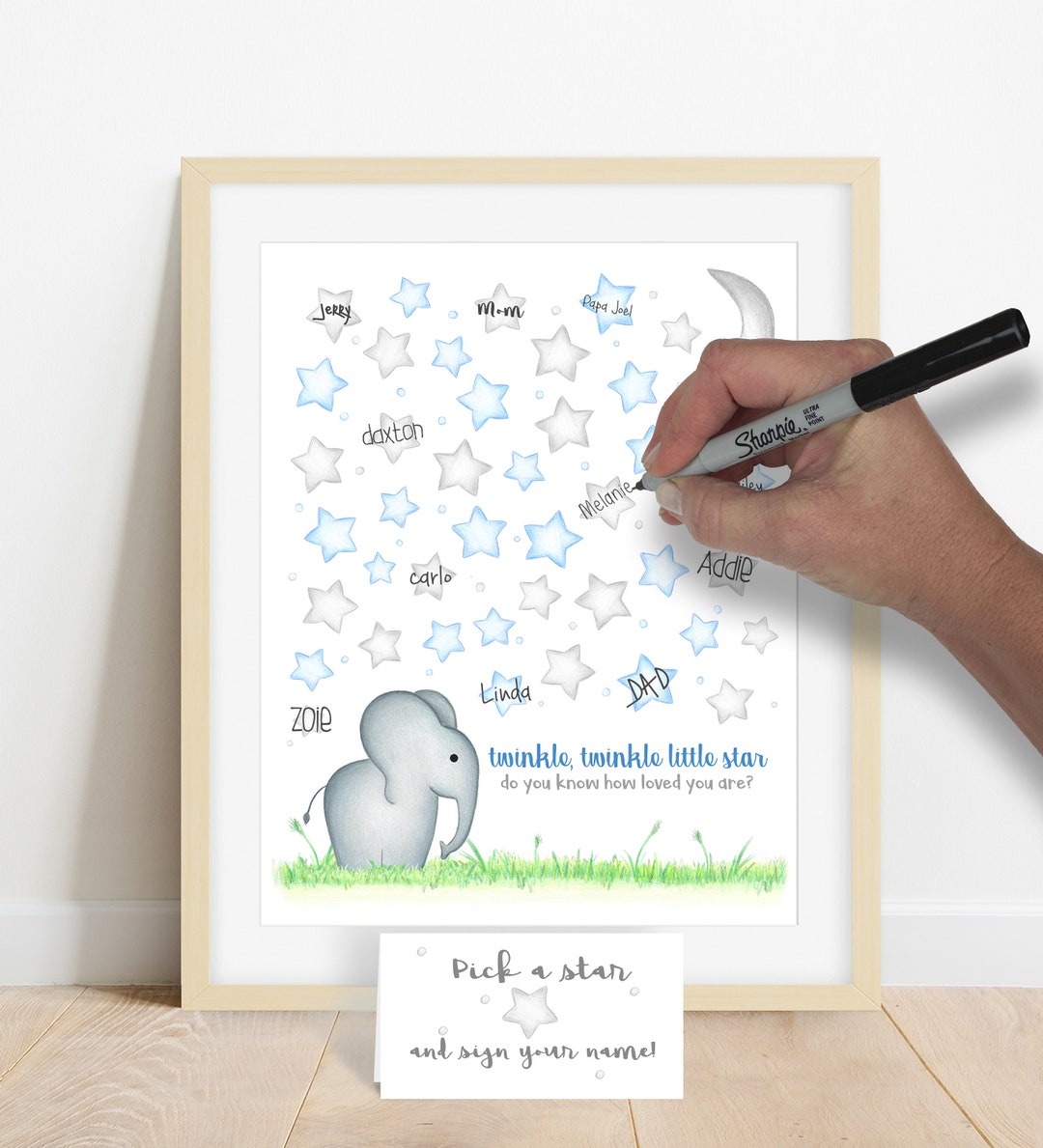Boy's Elephant Baby Shower Signature Poster, Star Sign in Poster ...