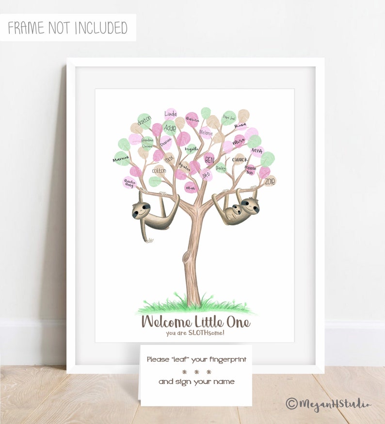 Gender neutral sloth baby shower fingerprint tree sloth puns | Etsy