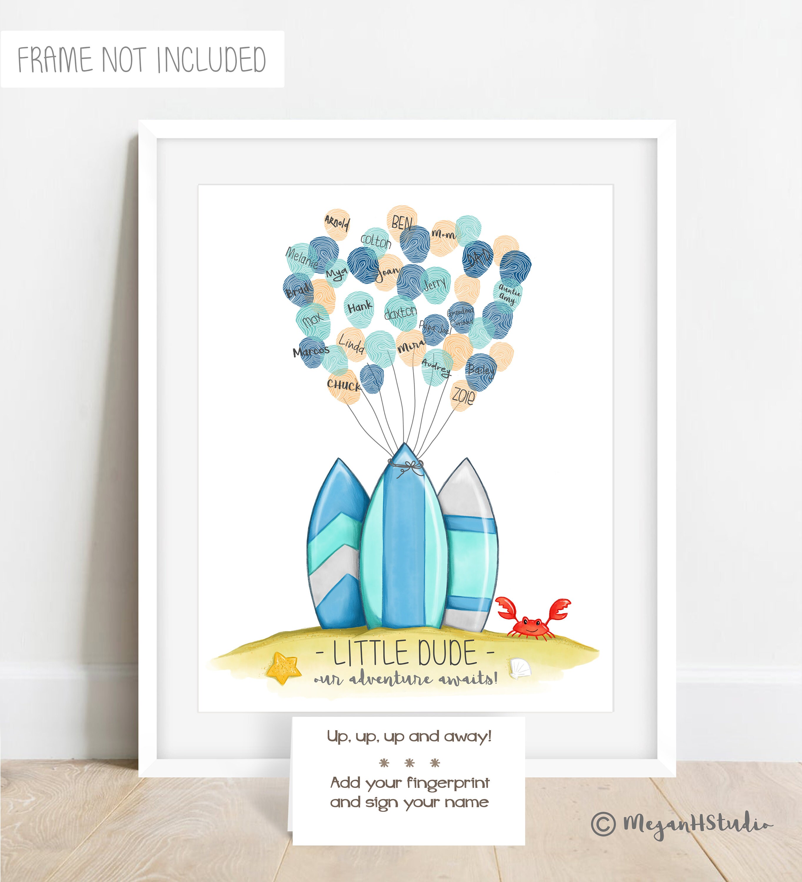 INSTANT DOWNLOAD Little Dude Baby Shower Fingerprint Poster, Surfboard ...