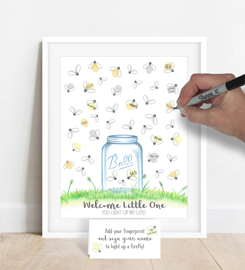 Girl's Firefly Fingerprint Guestbook, Mason Jar Baby Shower Idea ...