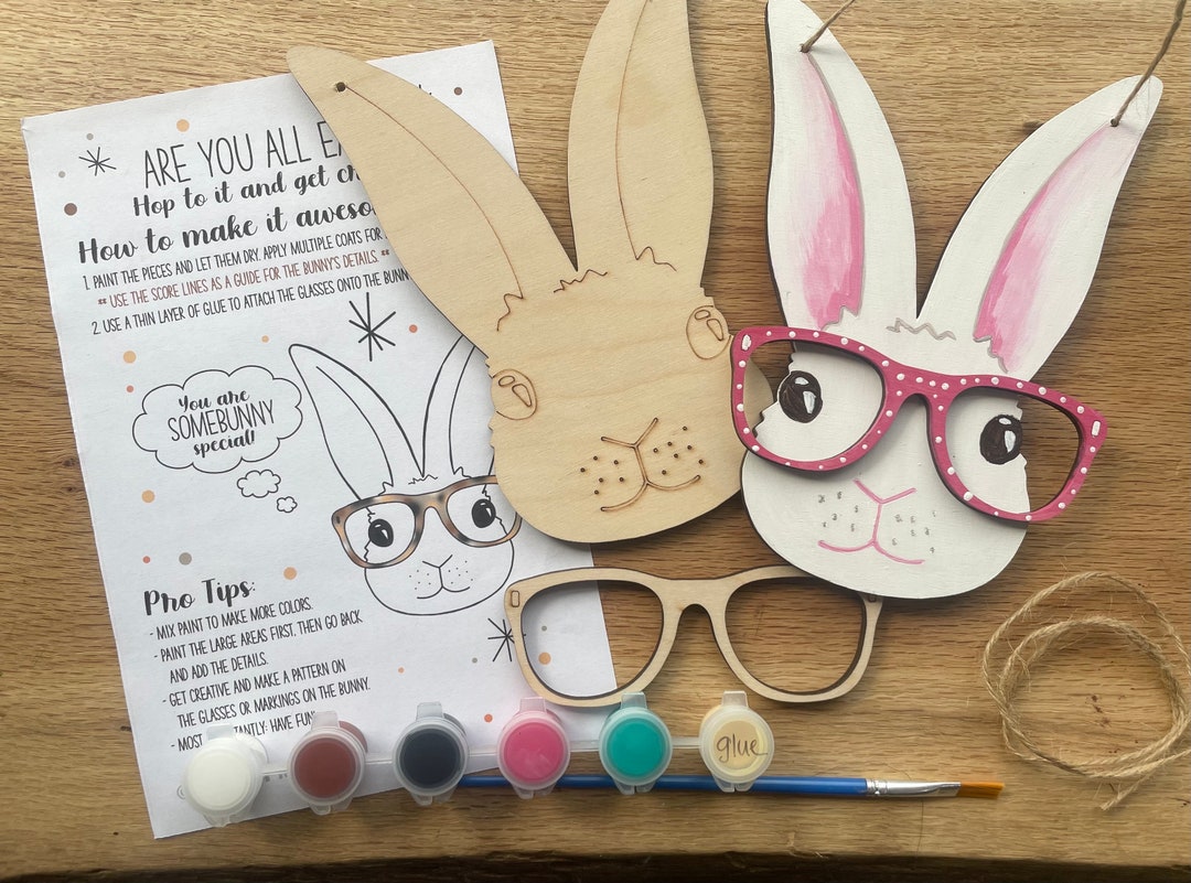 Easter Bunny Craft Kit, Paint Your Own Rabbit With Glasses, Wooden ...