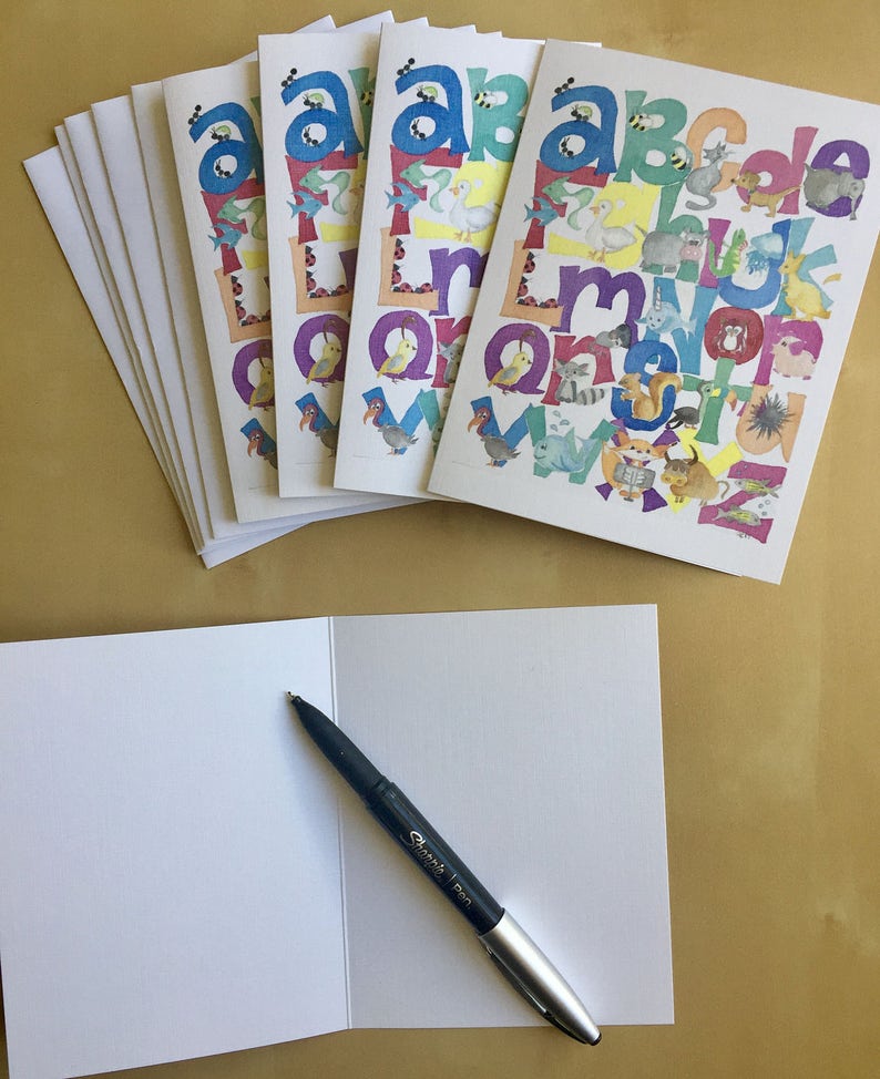 Note Cards Animal Alphabet Set of 6 Blank inside FREE | Etsy