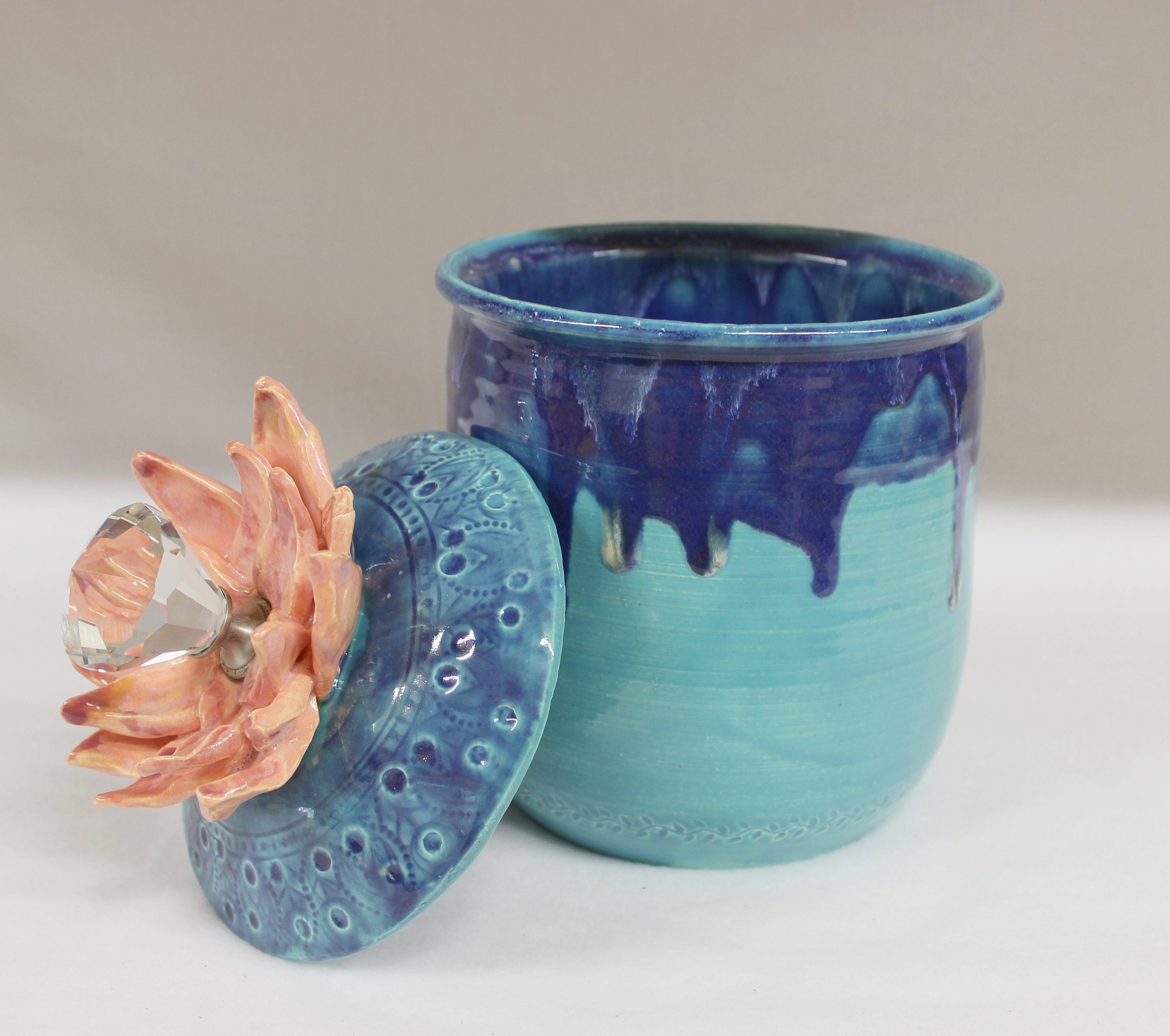 Pink Lotus Blossom Large Cookie Jar in Aqua With Crystal Knob, Handmade ...