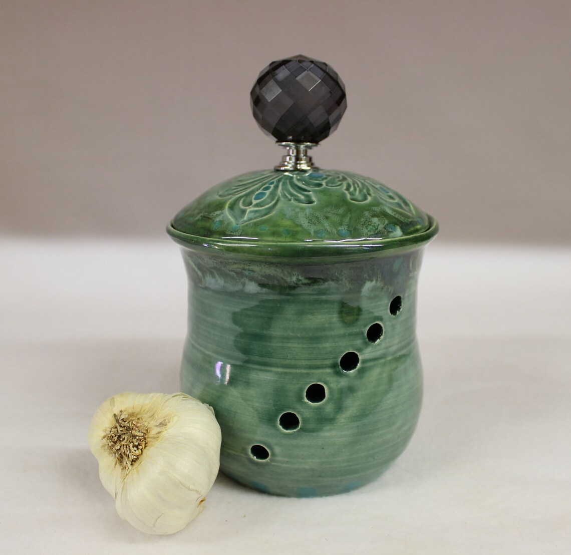 Ornate Sea Green Garlic Keeper With Smoke Crystal Knob - Etsy