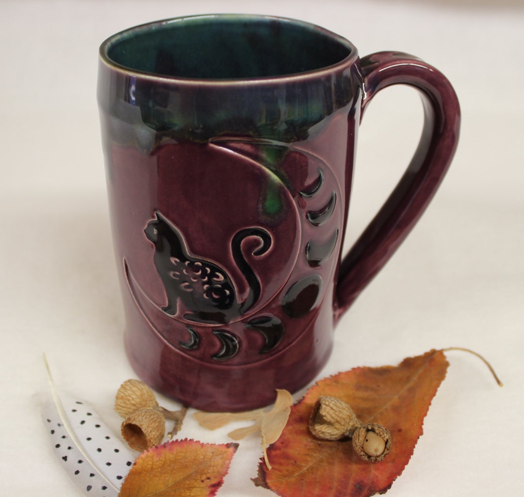 Magical Moon Phases Fancy Cat Ceramic Mug, Handmade Stoneware Pottery ...