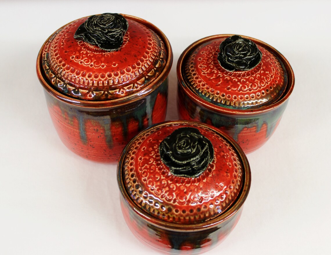 Wild Red Fire Ceramic Kitchen Canister Set With Black Roses, Handmade ...