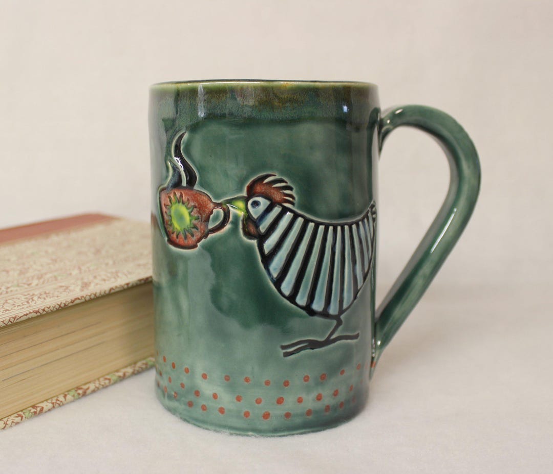Morning Coffee With Roosters Extra Large Ceramic Mug, Handmade Chicken ...