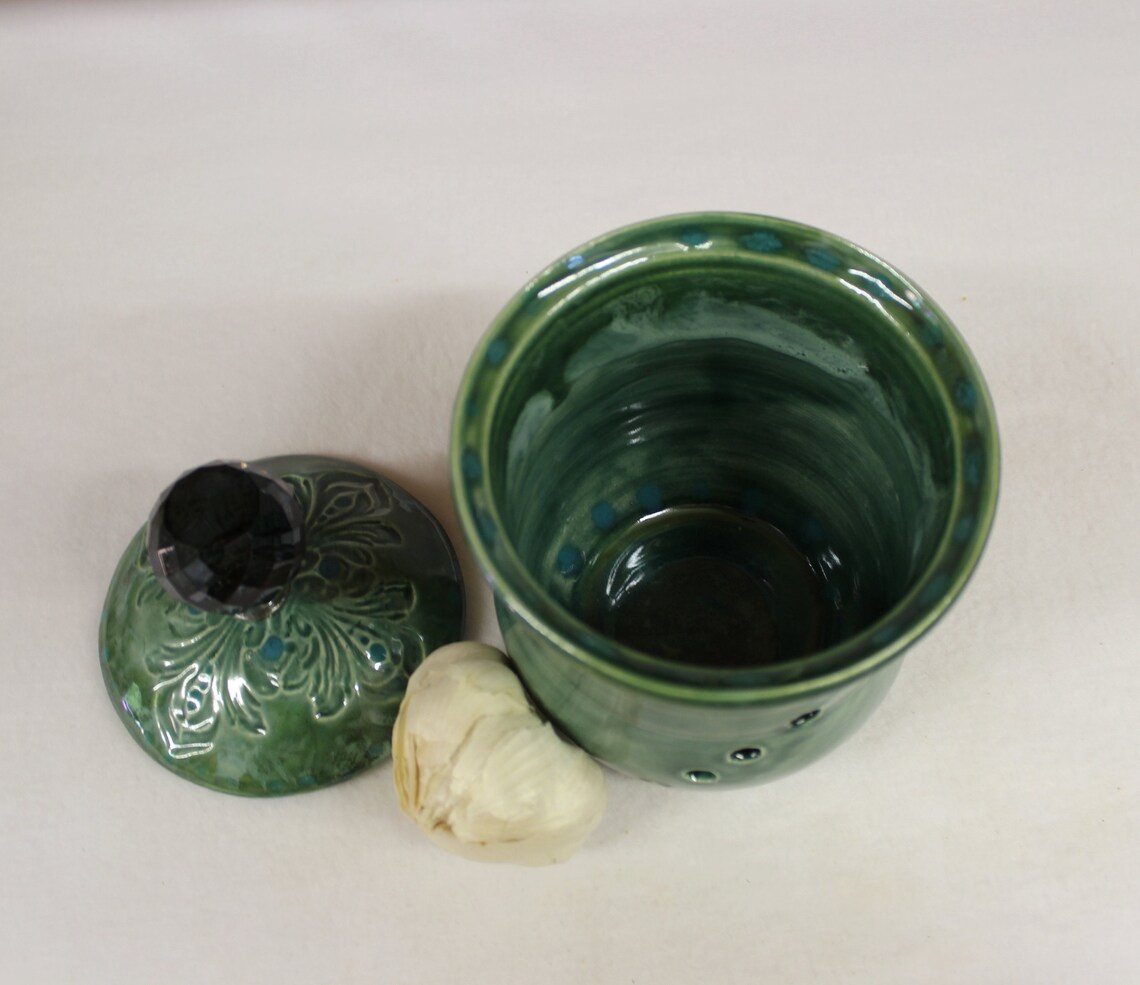 Ornate Sea Green Garlic Keeper With Smoke Crystal Knob | Etsy