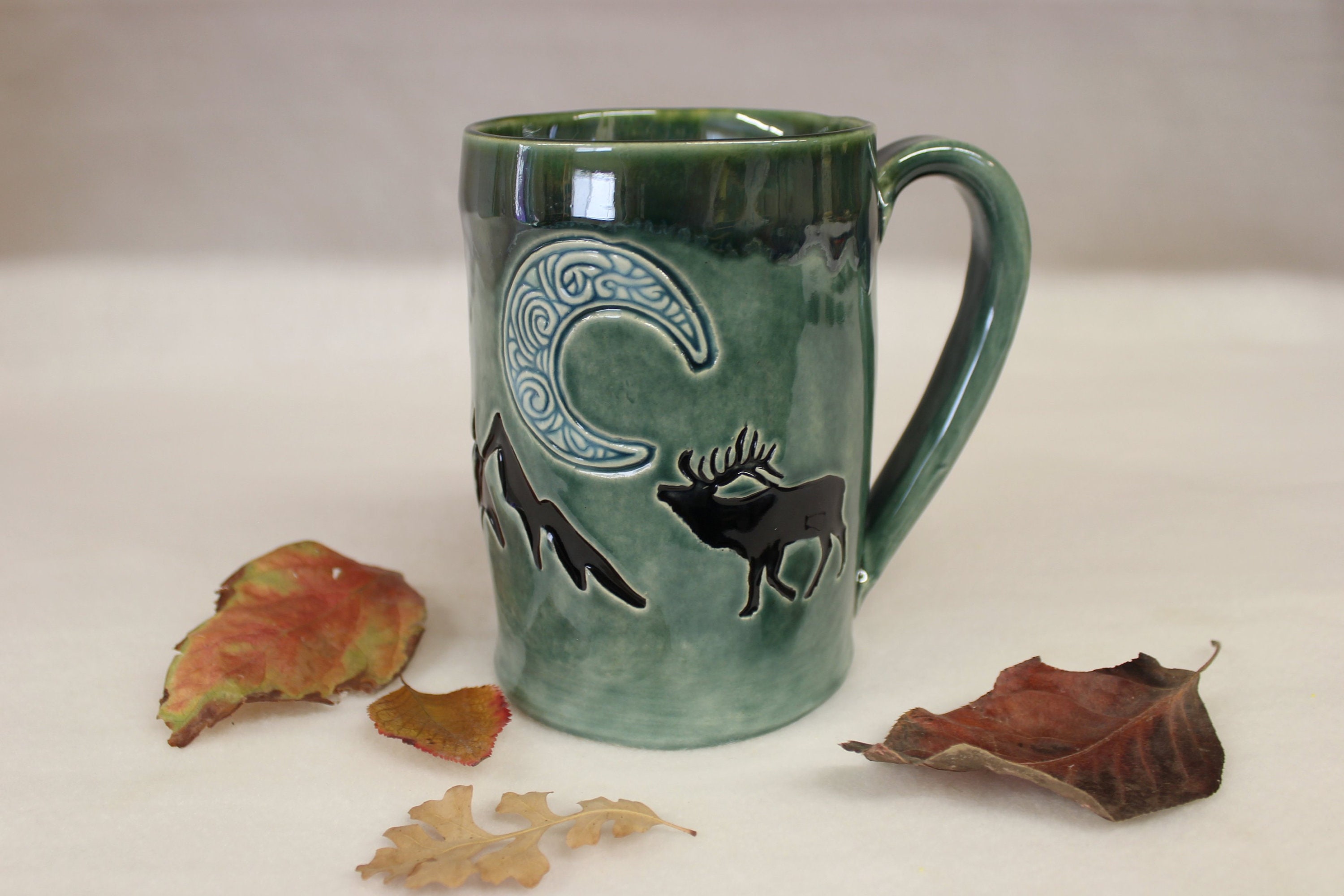 Extra Large Elk Under a Celtic Moon Ceramic Mug, Handmade Stoneware - Etsy