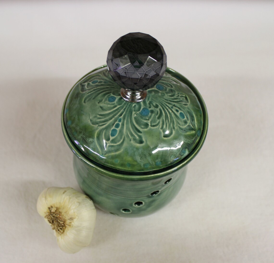 Ornate Sea Green Garlic Keeper with Smoke Crystal Knob | Etsy