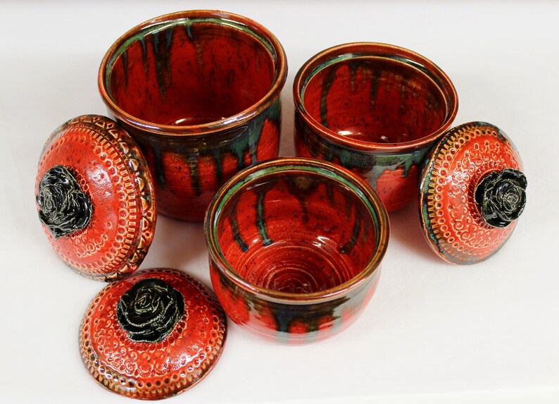 Wild Red Fire Ceramic Kitchen Canister Set With Black Roses - Etsy