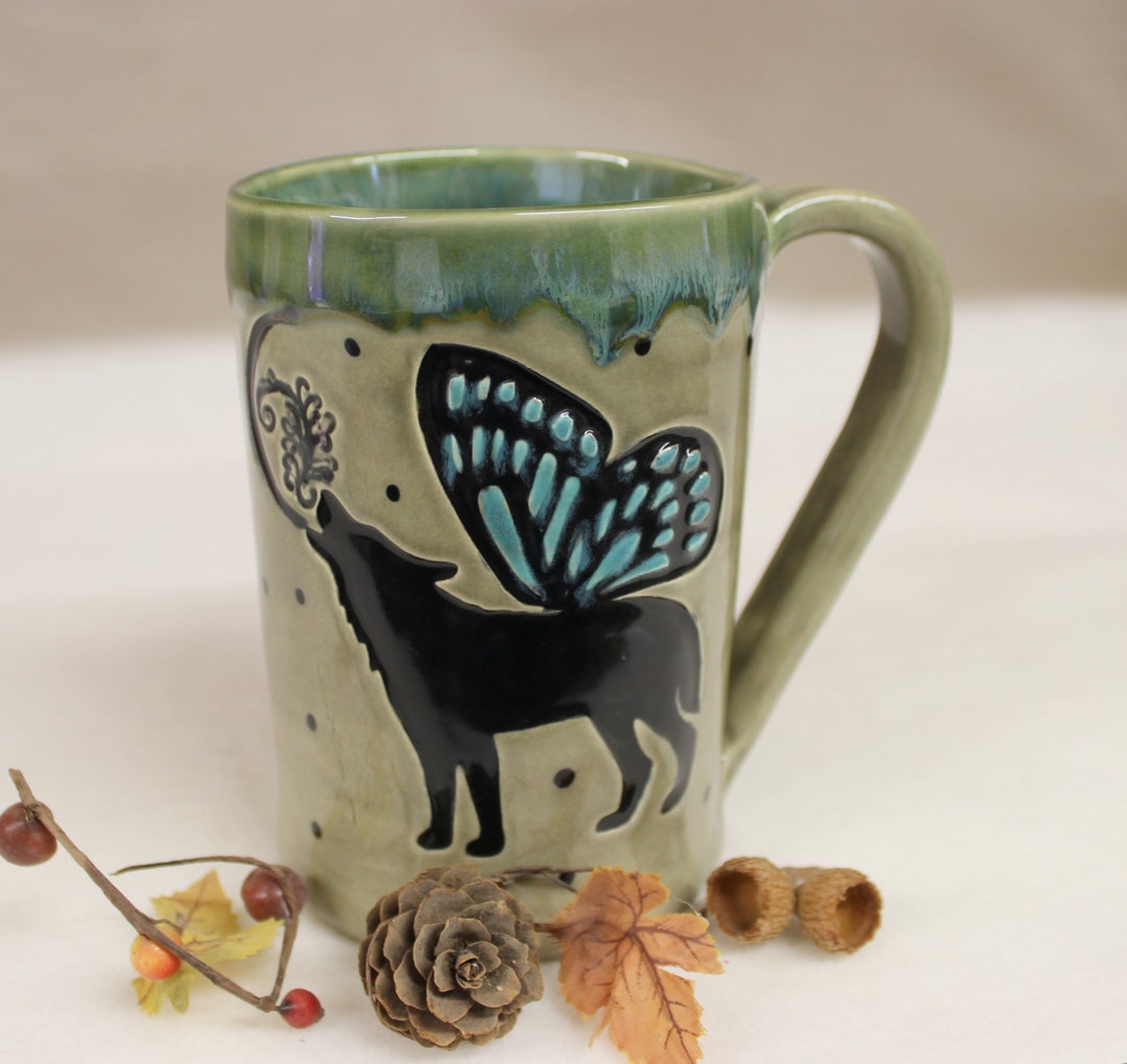 Magical Winged Wolf Howling Ceramic Mug, Handmade Stoneware Coffee Mug ...