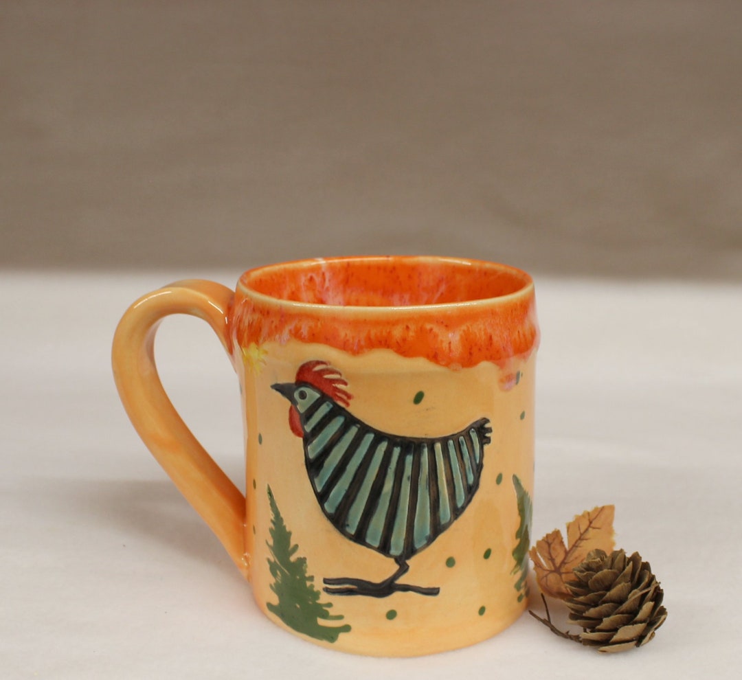 Blue Rooster in the Ferns Large Ceramic Mug, Handmade Stoneware Pottery ...