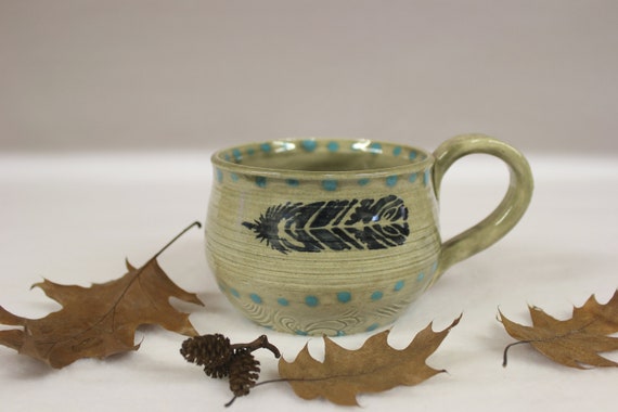 Silver Gray and Turquoise Native Feather Mug Handmade - Etsy