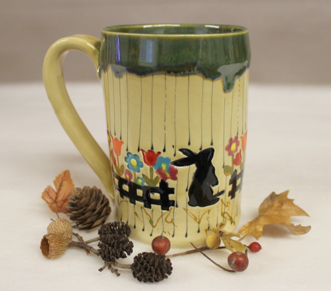 Spring Rain Rabbit in the Flower Garden Ceramic Mug, Handmade Stoneware ...