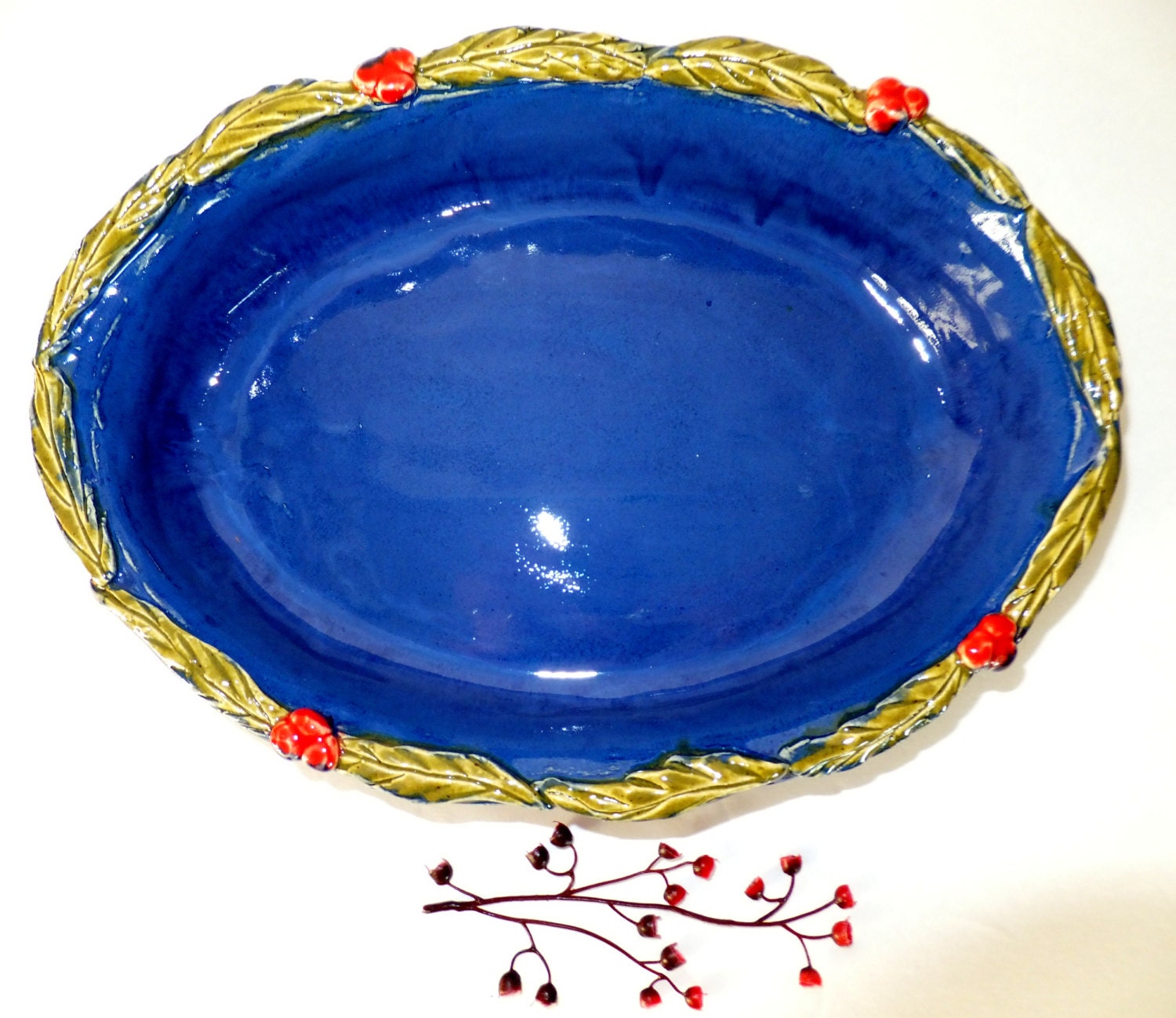 Large Indigo Blue Oval Casserole Pan With Leaves and Berries | Etsy