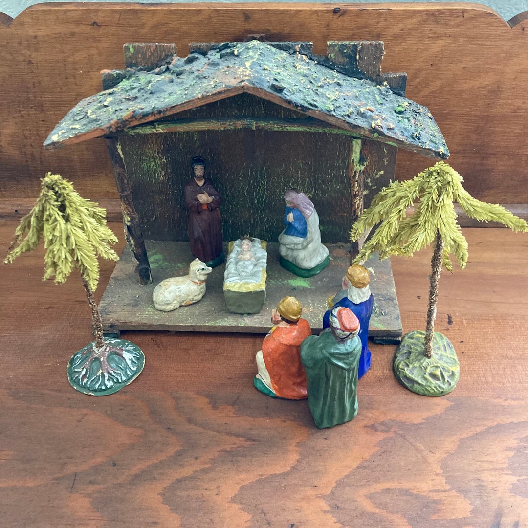 Antique German Christmas Nativity Scene, Creche Set. Early 1900s. Paper ...