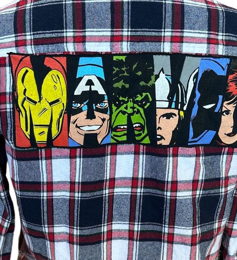 Avengers Plaid Flannel Shirt SMALL Oversize Shacket Upcycle Unique ...