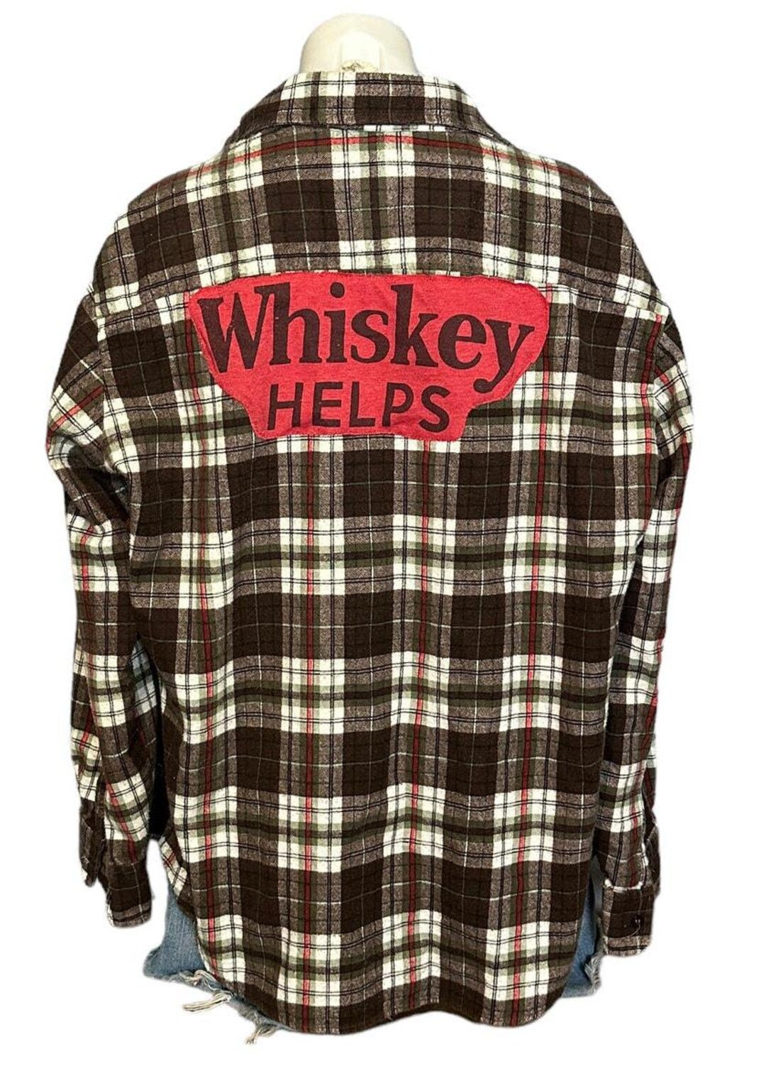 Whiskey Helps Plaid Flannel Shirt Shacket XL Brown Oversize Upcycle ...
