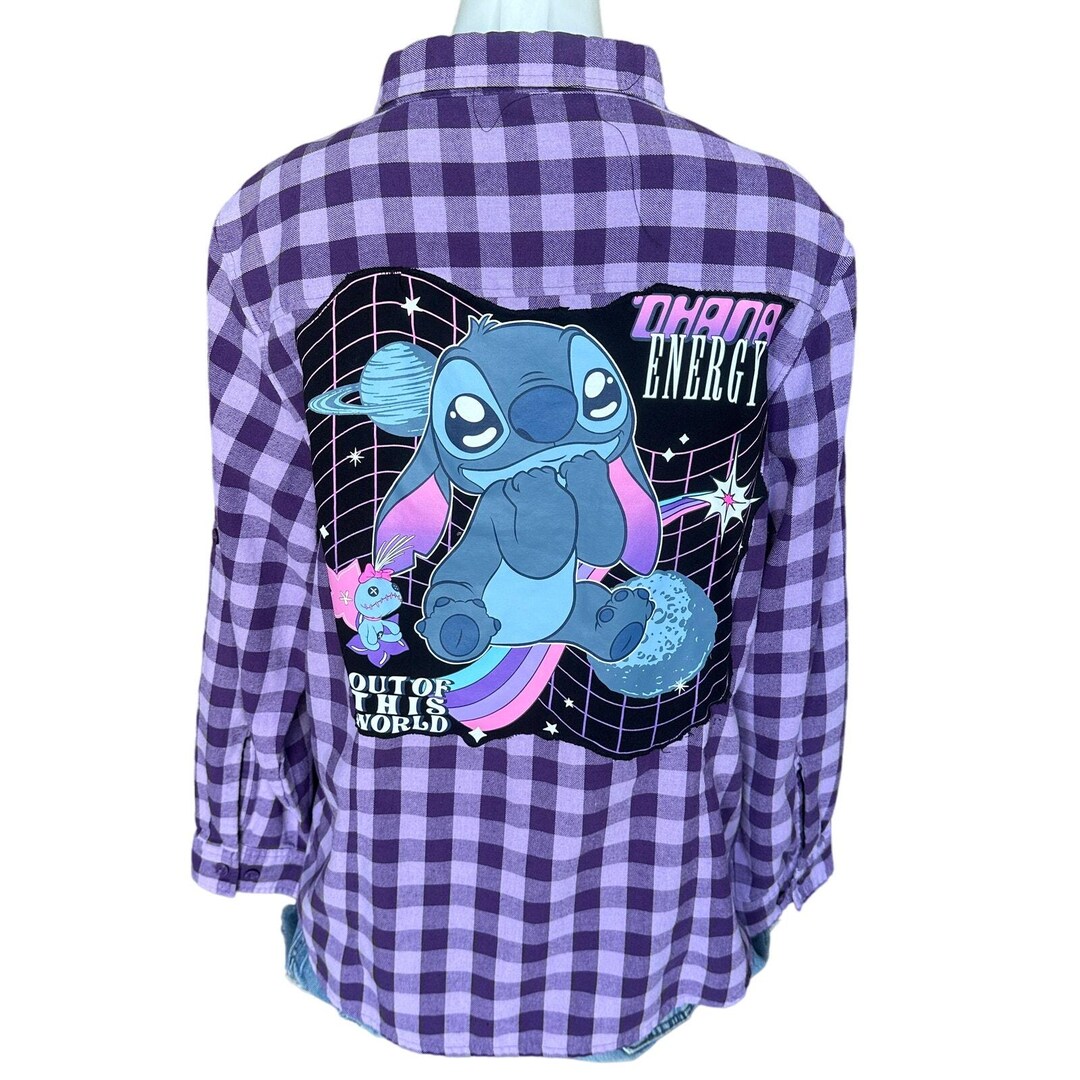 Lilo and Stitch Plaid Flannel Shirt XL Oversize Shacket Unique Upcycle ...
