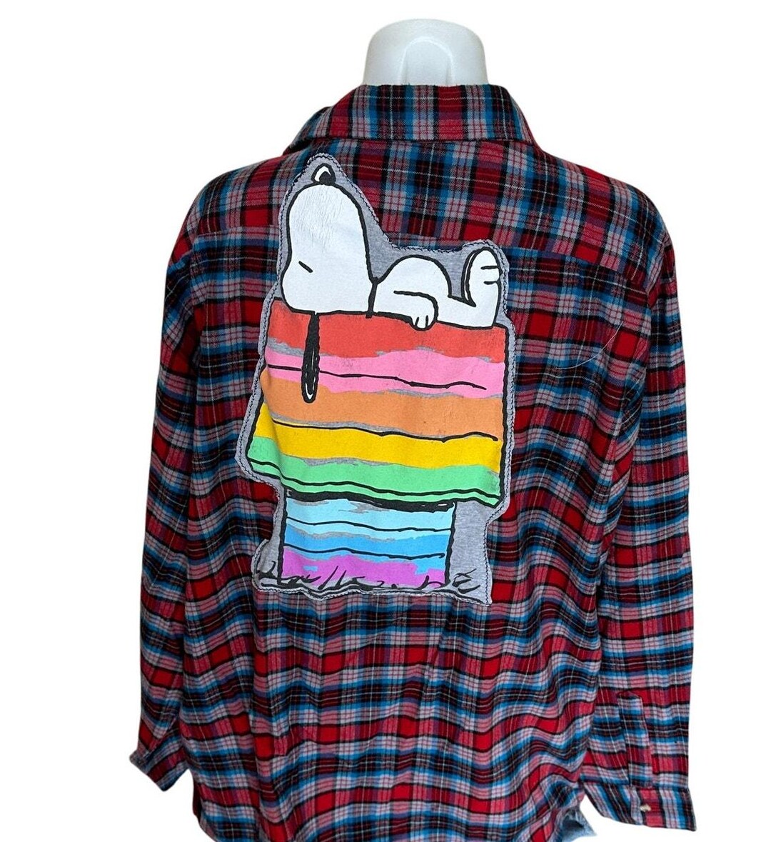 Snoopy Rainbow Pride Doghouse Plaid Flannel Shirt XXL Oversized Shacket ...