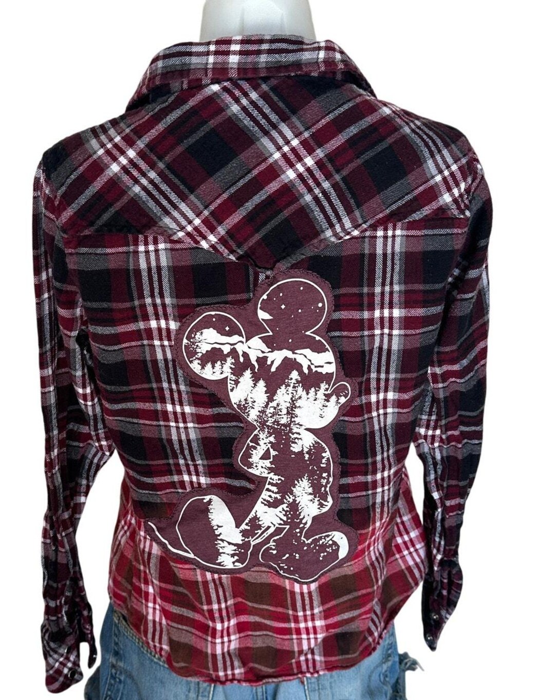 Mickey Mouse Flannel Plaid Shirt MEDIUM Camping Western Unique Upcycled ...