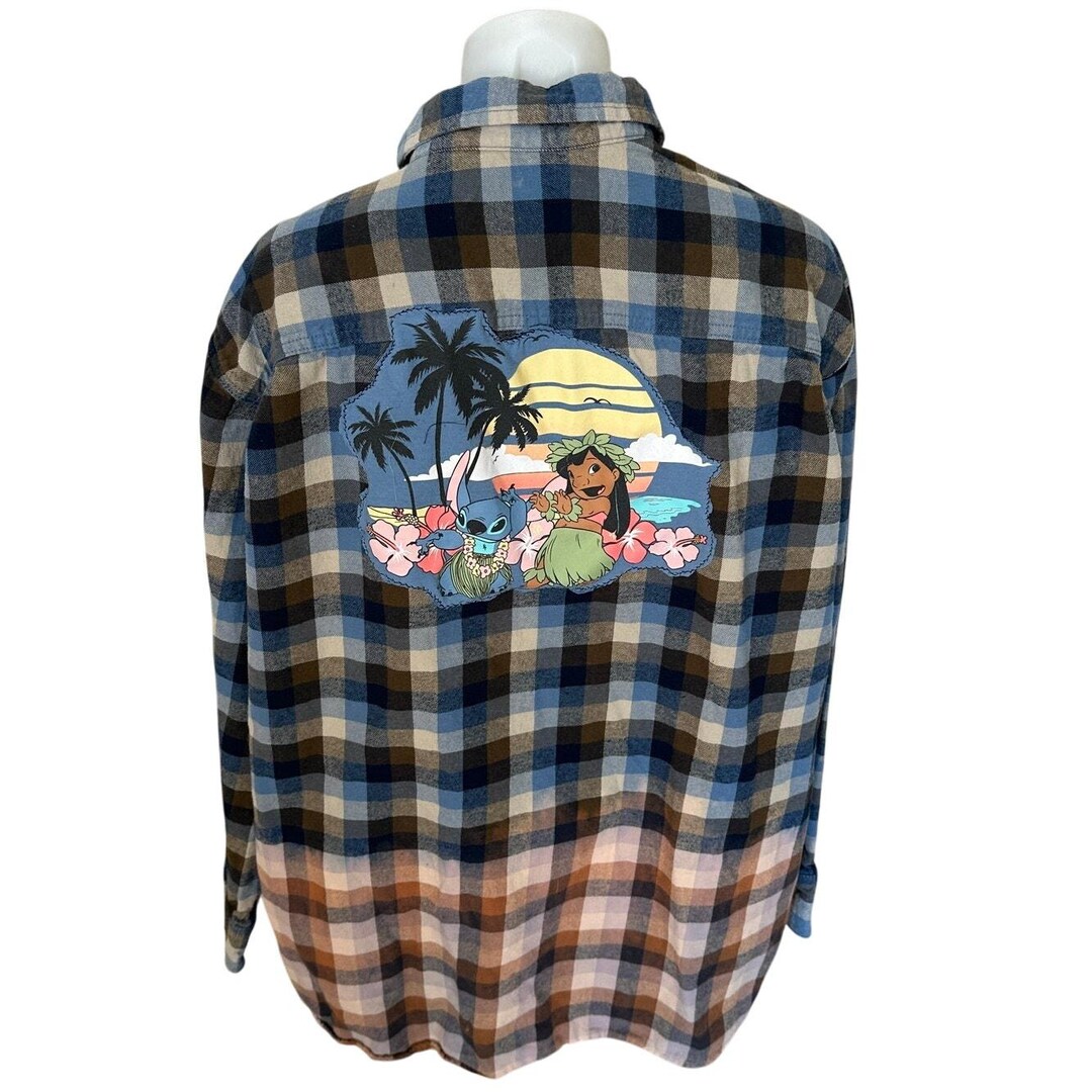 Lilo and Stitch Plaid Flannel Shirt XXL Oversize Shacket Blue Unique ...