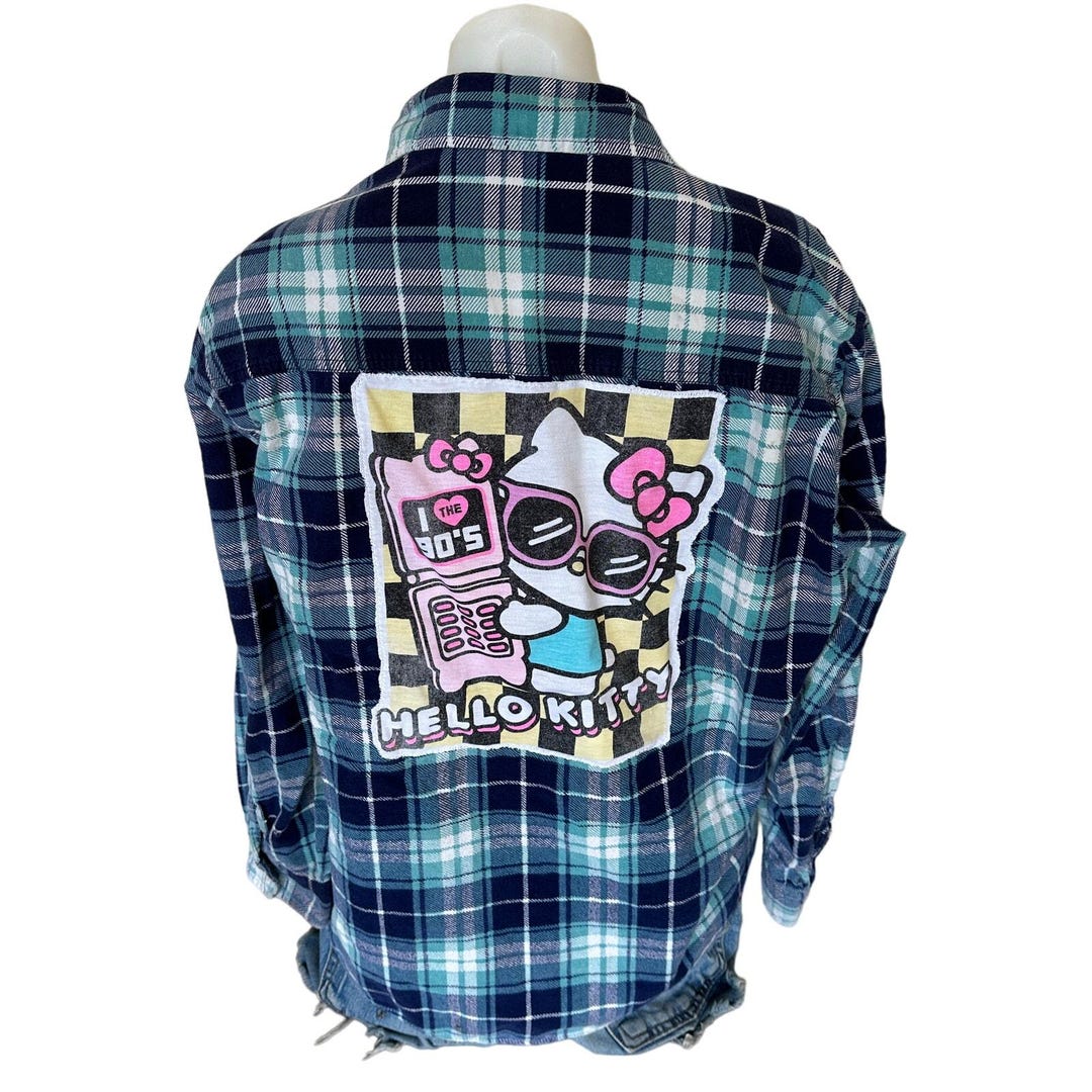 Hello Kitty Plaid Flannel Shirt LARGE Oversized Upcycle Unique Retro ...