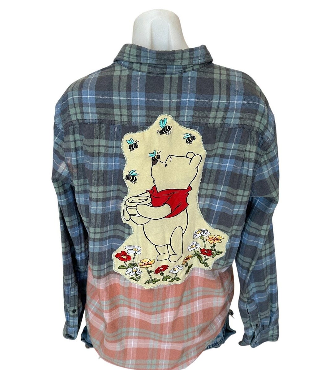 Winnie the Pooh Plaid Flannel Shirt Shacket LARGE Oversize Upcycle ...