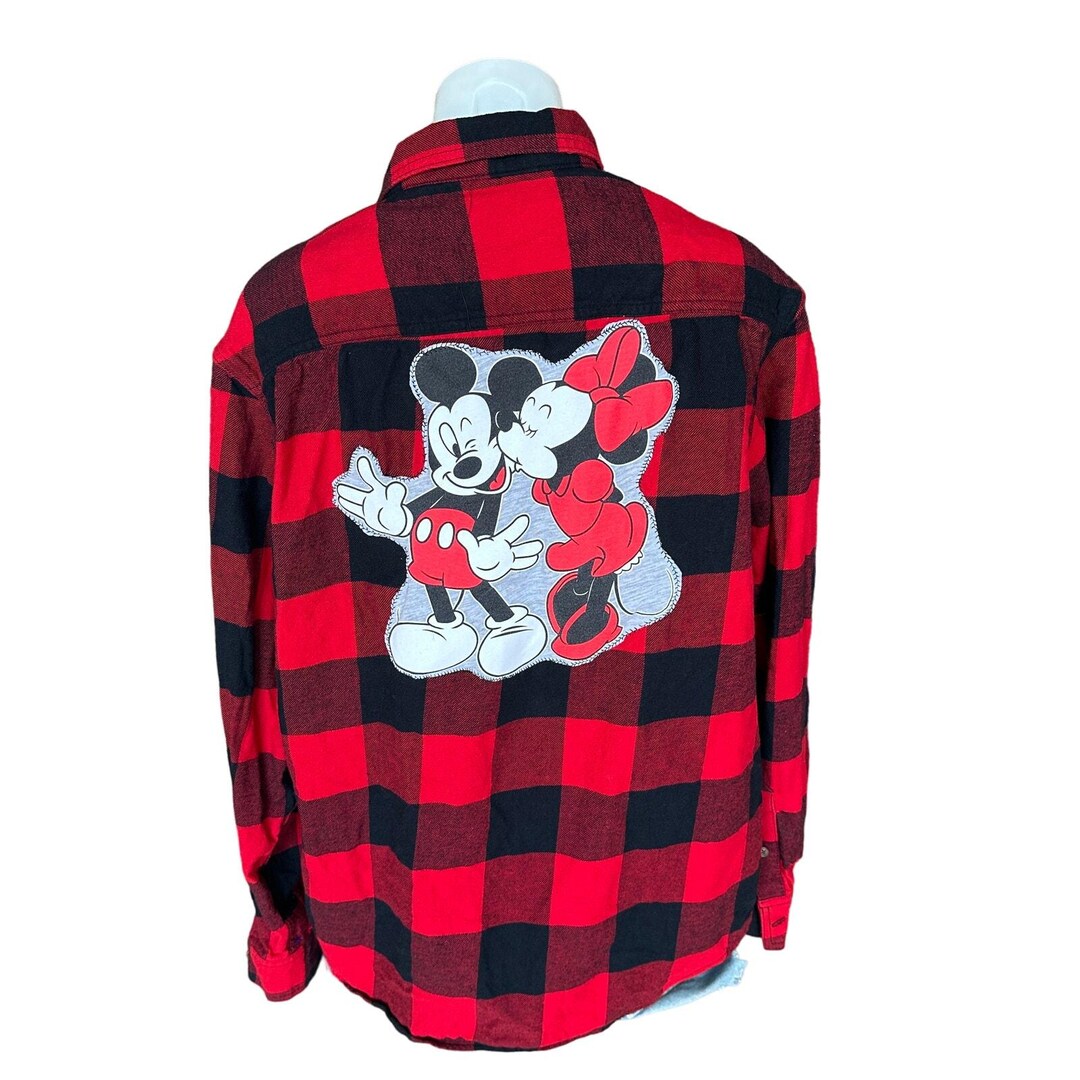 Mickey Minnie Mouse Flannel Plaid Shirt Shacket XL Red Oversize Unique ...