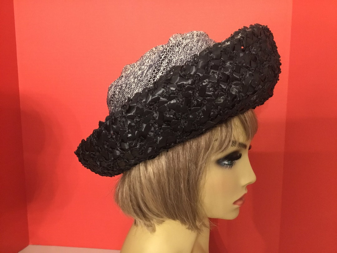 Milgrim Breton Hat, Black Cello Raffia and Fabric Hat, Midcentury Hats ...