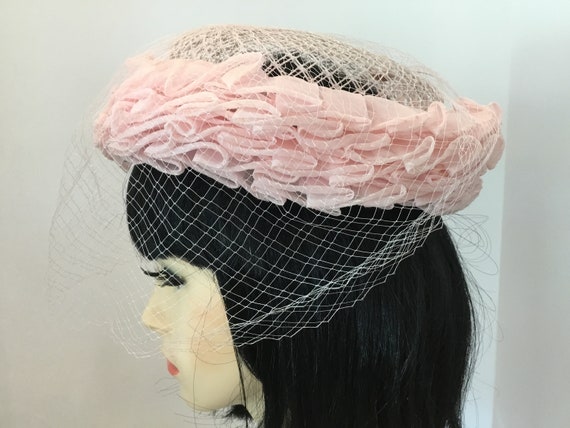 Pink midcentury net hat, summer pink fancy hat, pink … - Gem
