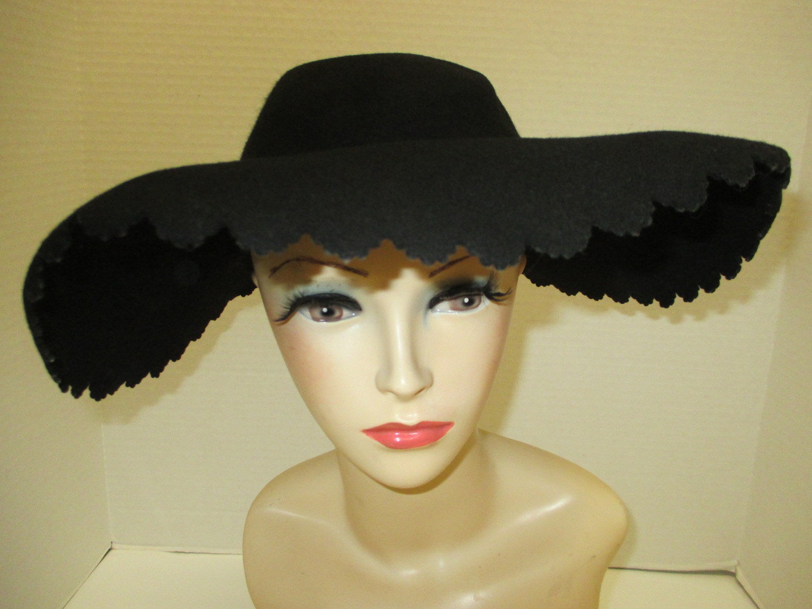 1960s Ladies Black Hat, Midcentury Hat, Wide Brim Hat, Unique Black Hat ...