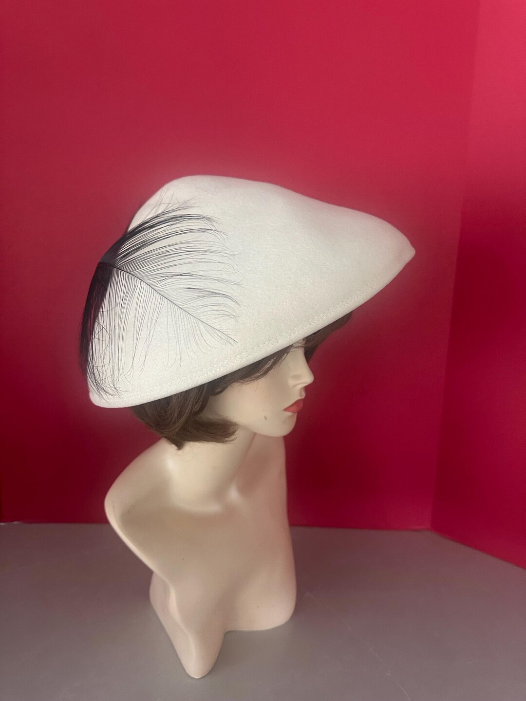 Chez Original Vintage Hat With Black Feather, Cream Hat With Black ...