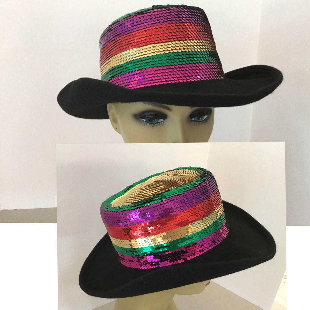1980’s Sparkle Rainbow Color Black Fedora, Colorful Fedora Hat, LGBTQ ...