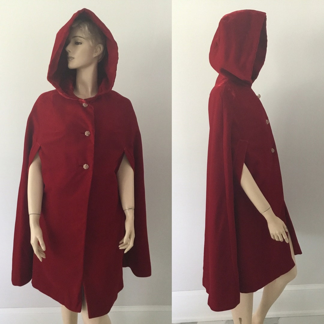 60’s Evening Cape Coat, Red Velvet Hooded Cape, Ladies Small Red Cape ...