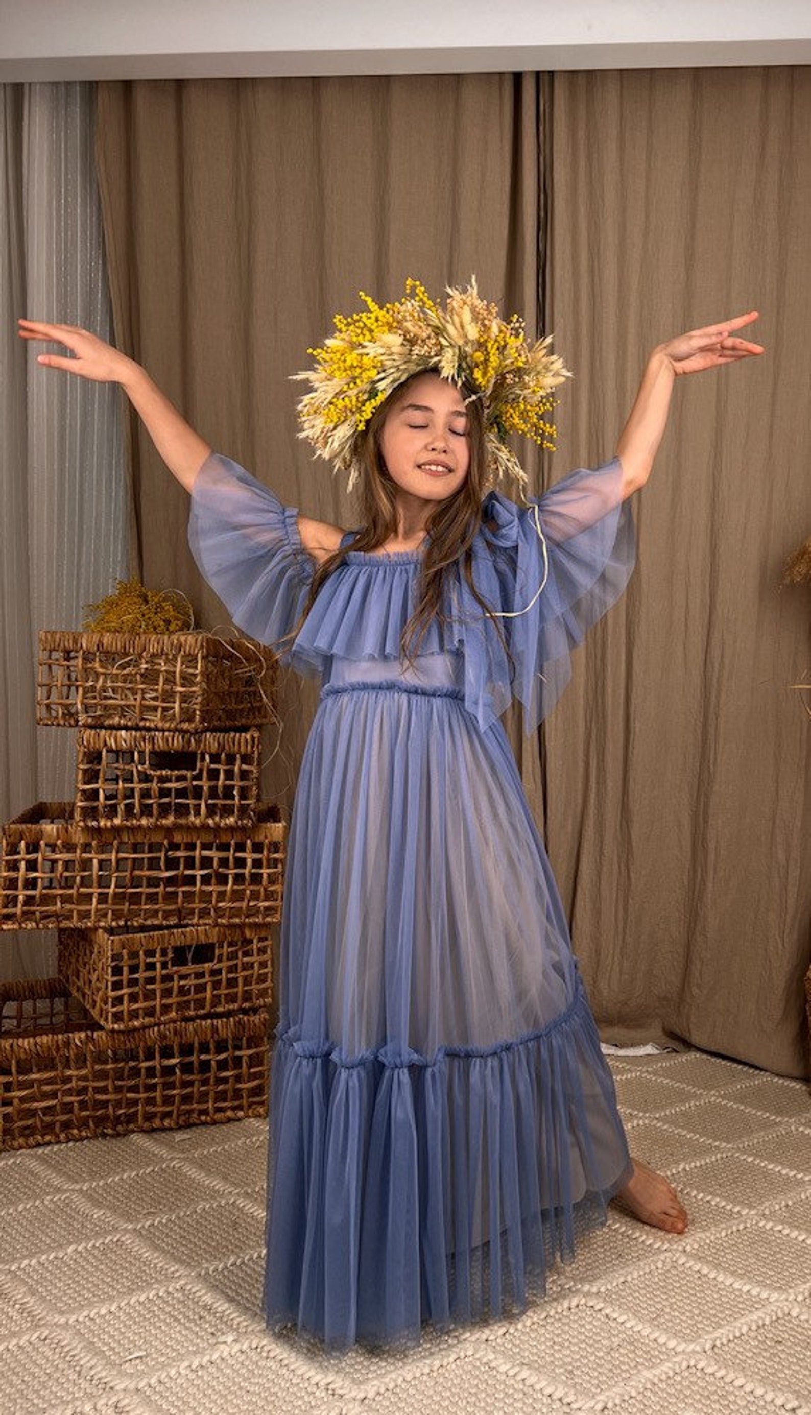 BELLA Boho Tulle Gown for Flowergirls With off Shoulder - Etsy