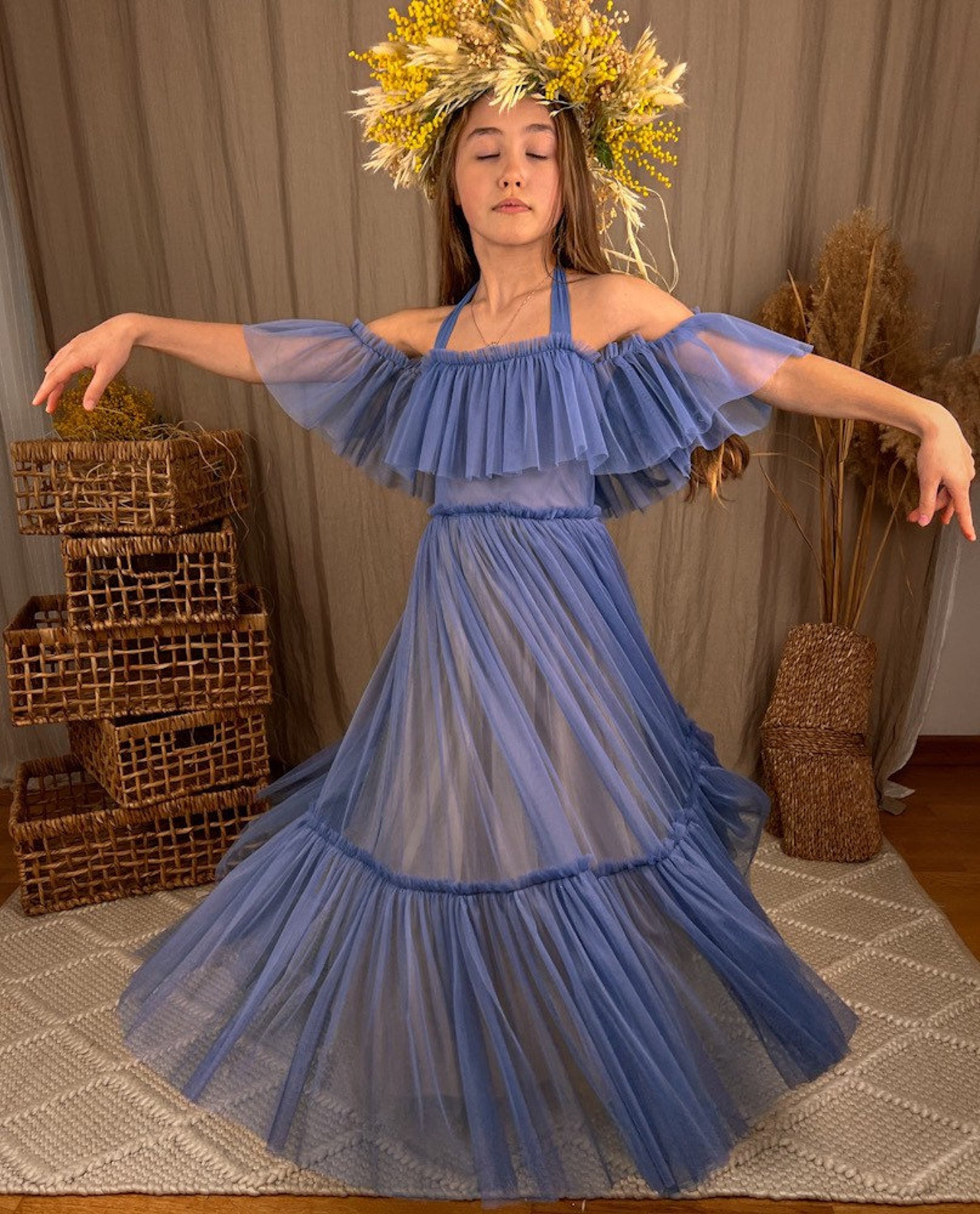 BELLA Boho Tulle Gown for Flowergirls With off Shoulder - Etsy